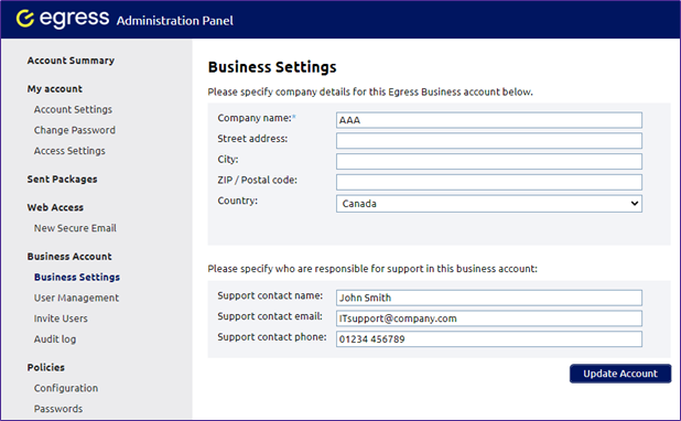 Your Egress Business Account - Update your Support Contact details